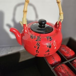 Kitchen | Tea Pot W4 Cups Chinese Art Calligraphy Red Porcelain Set ...